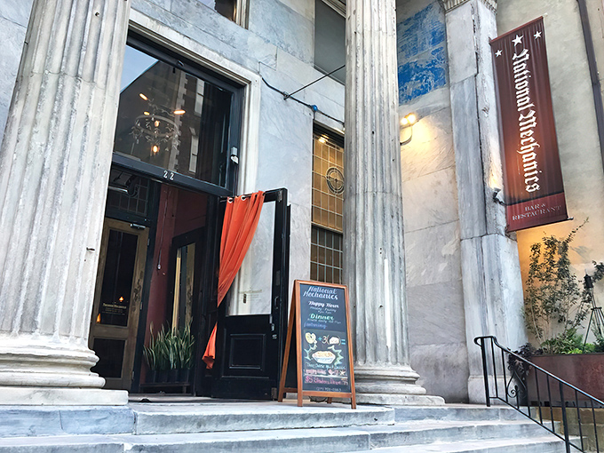 Banking on good taste! National Mechanics' grand columns and historic fa&ccedil;ade hint at its past life as a 19th-century financial institution before becoming a culinary landmark.