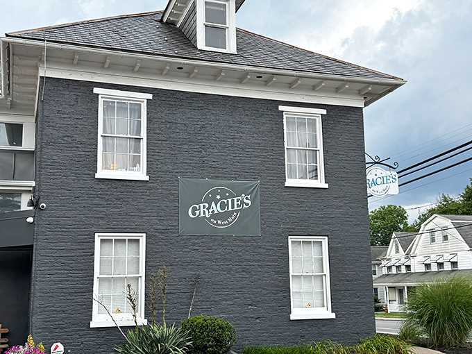 The blue-gray stone exterior of Gracie's stands like a culinary lighthouse in Leola, beckoning hungry travelers with its understated charm and historic character.