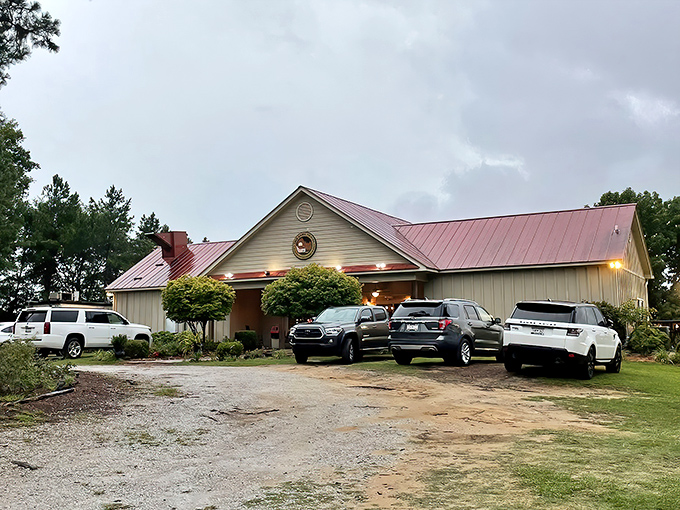 The Lake House welcomes you with understated charm, its weathered wooden sign and lush greenery promising culinary adventures that await inside.