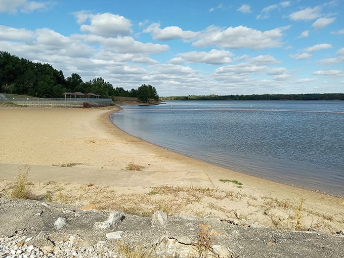 Golden sands meet crystal waters at Long Branch State Park's beach, where Missouri proves you don't need an ocean to find paradise.