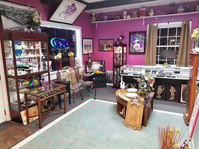 Step into a wonderland of treasures where vibrant pink walls set the stage for discoveries that await around every corner.