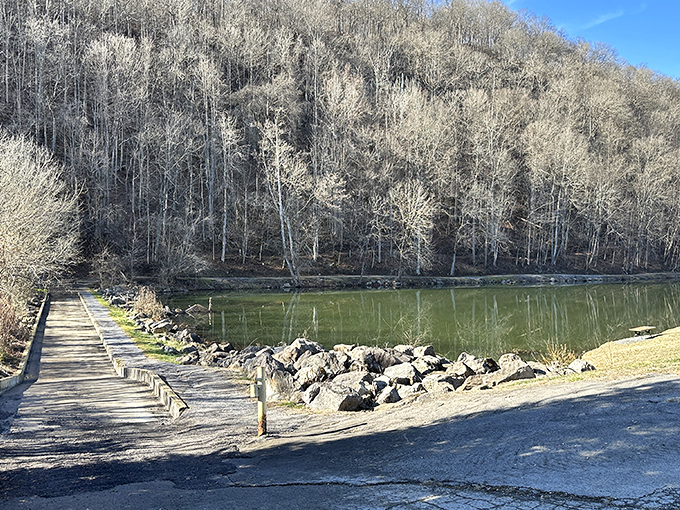 Winter's touch transforms the riverbank into a scene straight out of a black-and-white film&mdash;except for that emerald water stealing the show.