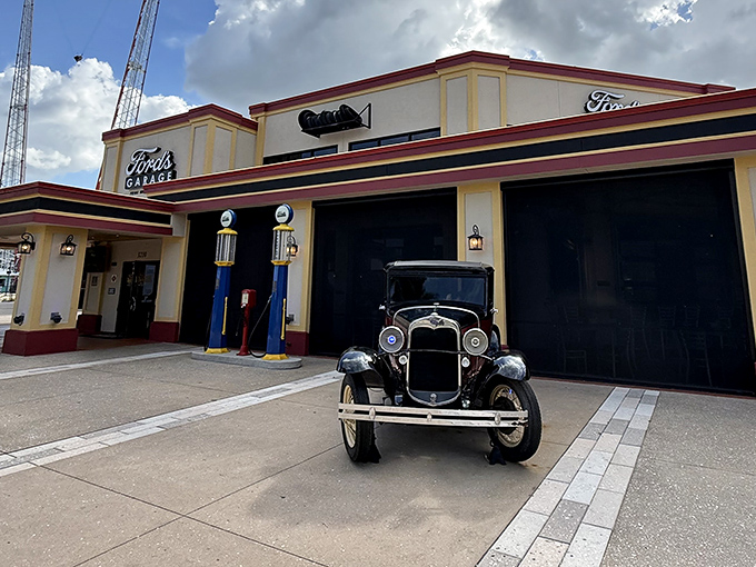 The time machine is real! Ford's Garage in Kissimmee transports you back to the 1920s with vintage gas pumps and a pristine Model A Ford.