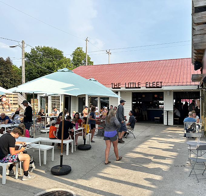 The bustling patio at The Little Fleet proves that great food needs no fancy trappings&mdash;just aqua umbrellas, hungry patrons, and Michigan summer sunshine.