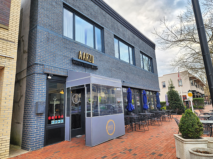 The sleek blue-gray exterior of Aarzu stands like a culinary beacon on Freehold's East Main Street, promising modern Indian delights within its contemporary walls.