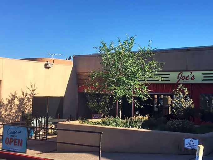 The unassuming exterior of Joe's Dining in Santa Fe proves once again that culinary treasures often hide behind modest facades.