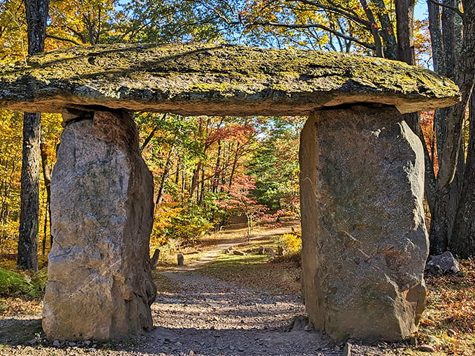 Thor's Gate welcomes visitors with its massive stone lintel, creating a portal between worlds that's especially magical when autumn paints the surrounding forest gold.