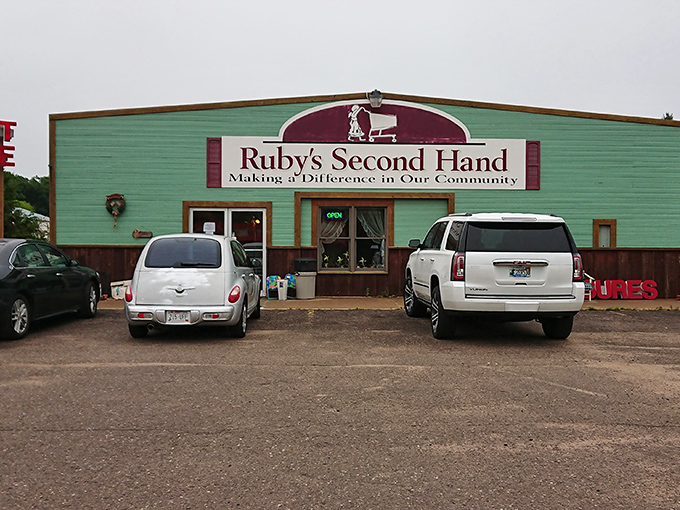 Ruby's mint-green exterior stands like a treasure chest waiting to be opened, promising adventures in second-hand shopping that'll make your wallet smile.