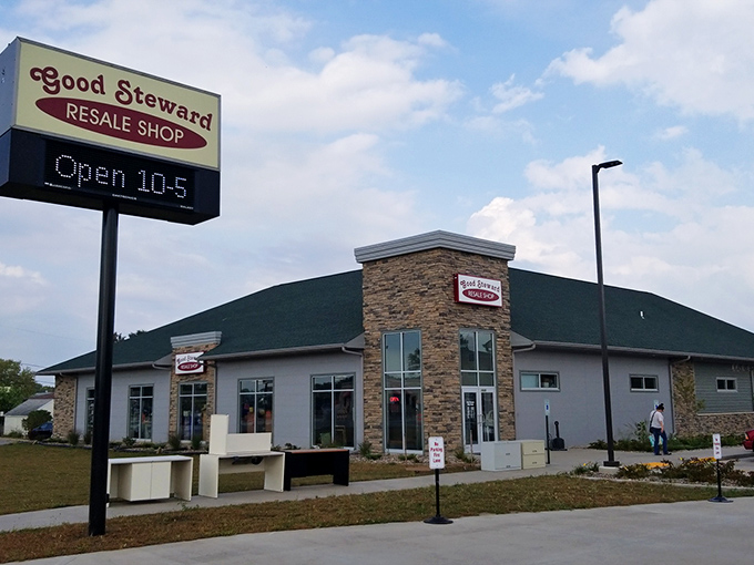 The modern stone facade and distinctive green roof of Good Steward Resale Store stand out in La Crosse like a beacon for bargain hunters.