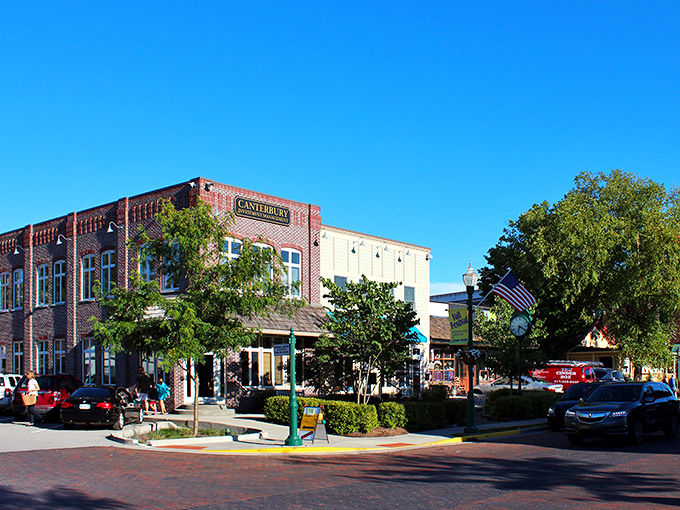 Brick streets and historic storefronts define Zionsville's charming downtown, where Canterbury shop anchors a corner that looks plucked from a 1950s postcard.
