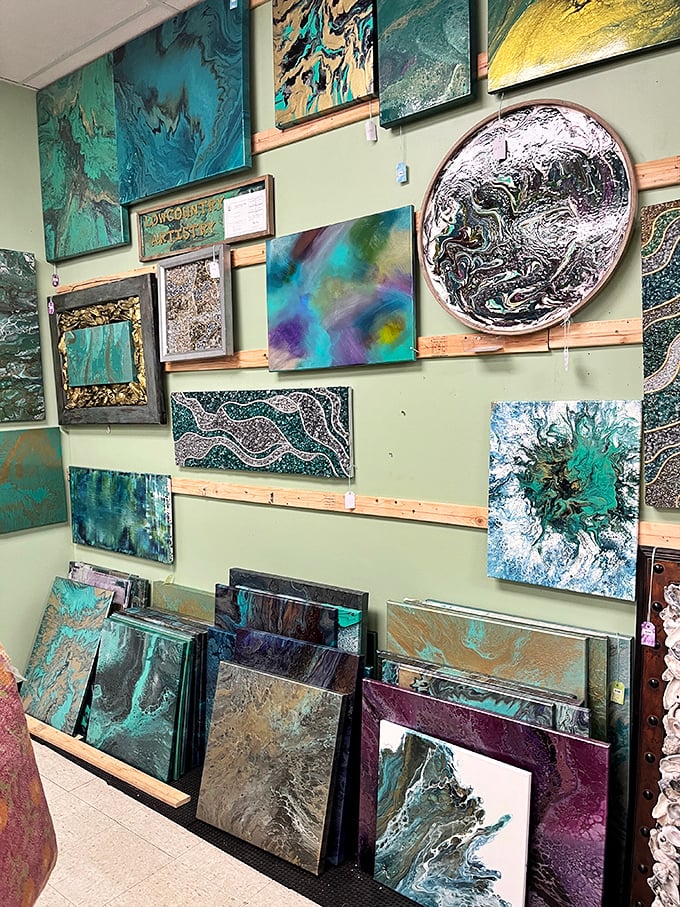 Abstract art that makes your living room walls jealous. Swirls of teal and purple that somehow match everything and nothing.