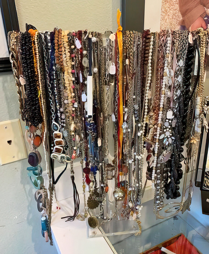 Necklace nirvana! Each strand tells a story – from beach-collected shells to statement pieces that once graced charity galas.