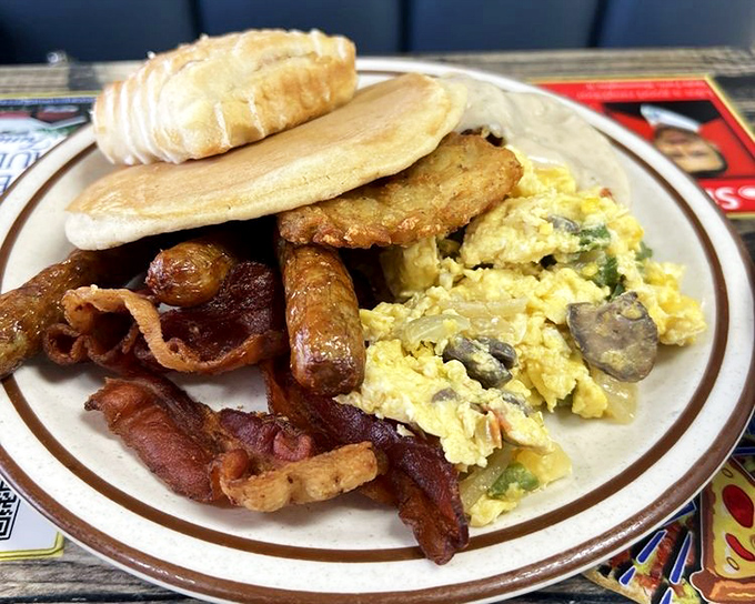 The breakfast platter that answers all your morning prayers&mdash;eggs, bacon, sausage, pancakes, and a side of nostalgia.