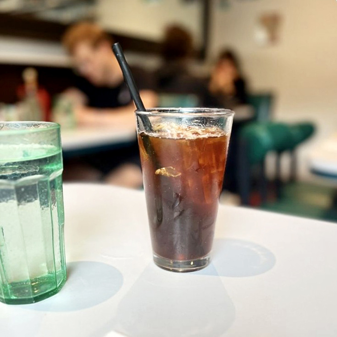 The humble iced coffee &ndash; Portland's unofficial city beverage &ndash; served in a glass that lets you appreciate its deep amber hues.