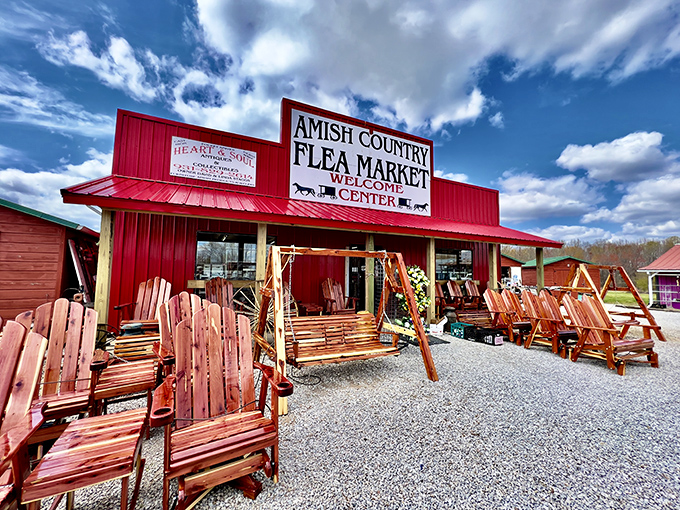 The Amish Country Flea Market showcases handcrafted cedar furniture that will outlast anything you've assembled with an Allen wrench and muttered curses.