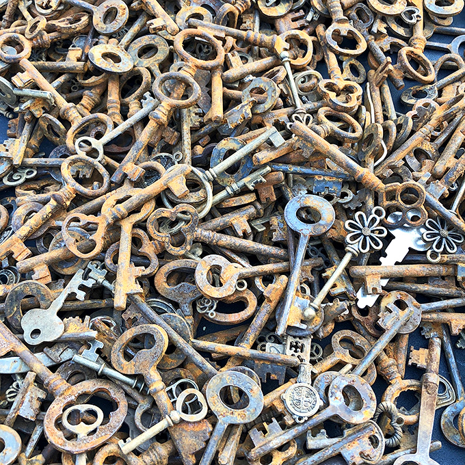 A pile of possibility—each rusty key once unlocked something important enough to secure, now waiting to unlock your imagination or steampunk art project.