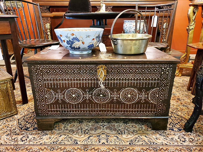 This intricately designed trunk probably held someone's most precious possessions during a journey across oceans. Now it could hold your TV remotes.