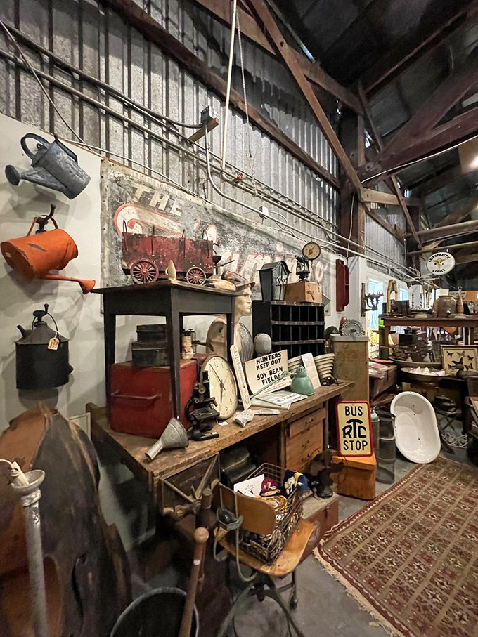 Watering cans, vintage signs, and farm implements tell the story of Florida's agricultural past in this carefully arranged vignette.