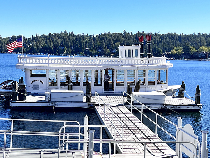 All aboard the Arrowhead Queen! This paddlewheel boat offers the best views of the lake's shoreline and the stories behind its hidden coves.