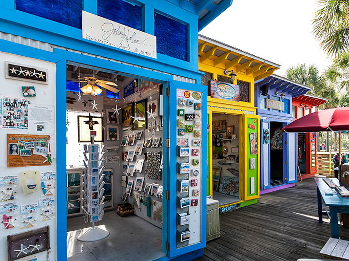 Artist shops bursting with color like a box of crayons that escaped and decided to start businesses. Creative joy in every hue.