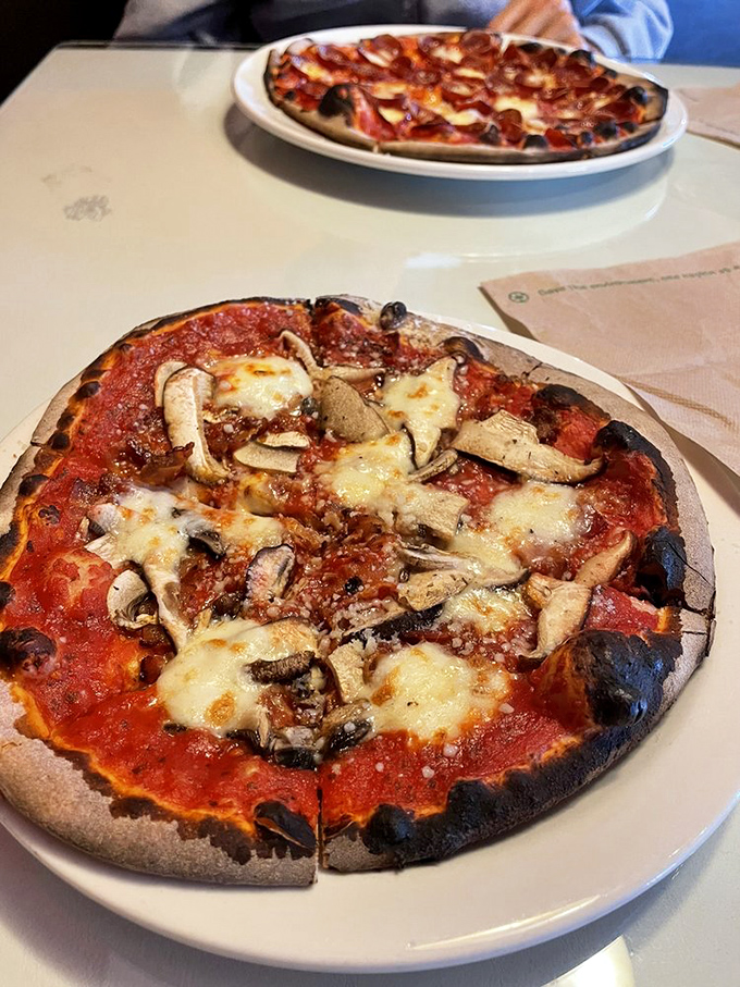 Two pizzas sharing a table like old friends catching up&mdash;one mushroom-laden, the other a mystery, both looking like they deserve your undivided attention.