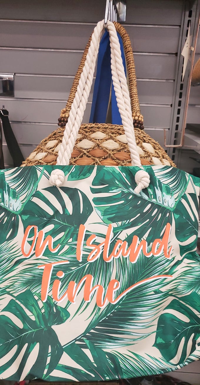 Beach vibes meet bargain hunting with this tropical tote. "On Island Time" indeed&mdash;the perfect accessory for pretending you're not in Virginia Beach. 