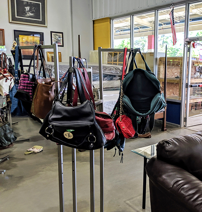 Handbag heaven hanging in wait. That black leather number could be your next favorite &ndash; with stories already built into the patina.