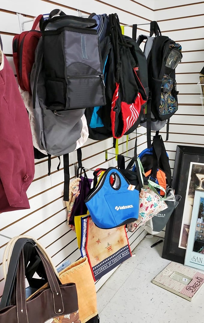 Backpacks and totes with stories to tell, waiting for new adventures—that blue lunch bag might have only seen the inside of one office.
