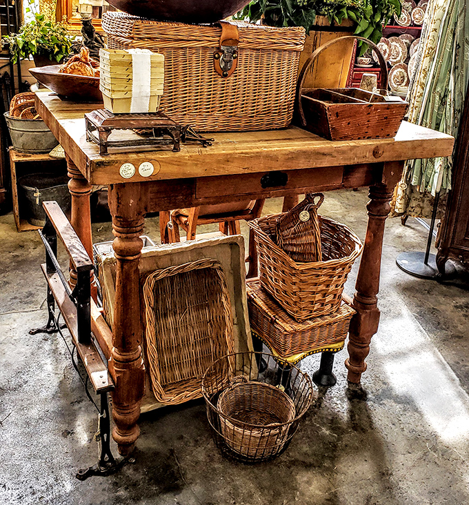 Wicker wonderland for the basket enthusiast. That butcher block table surrounded by baskets is farmhouse chic before Joanna Gaines made it a thing. 