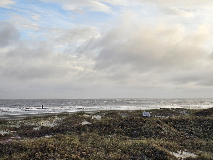 Moody blues and coastal hues. Even under cloudy skies, Folly Beach maintains its magnetic pull on those seeking shoreline serenity.