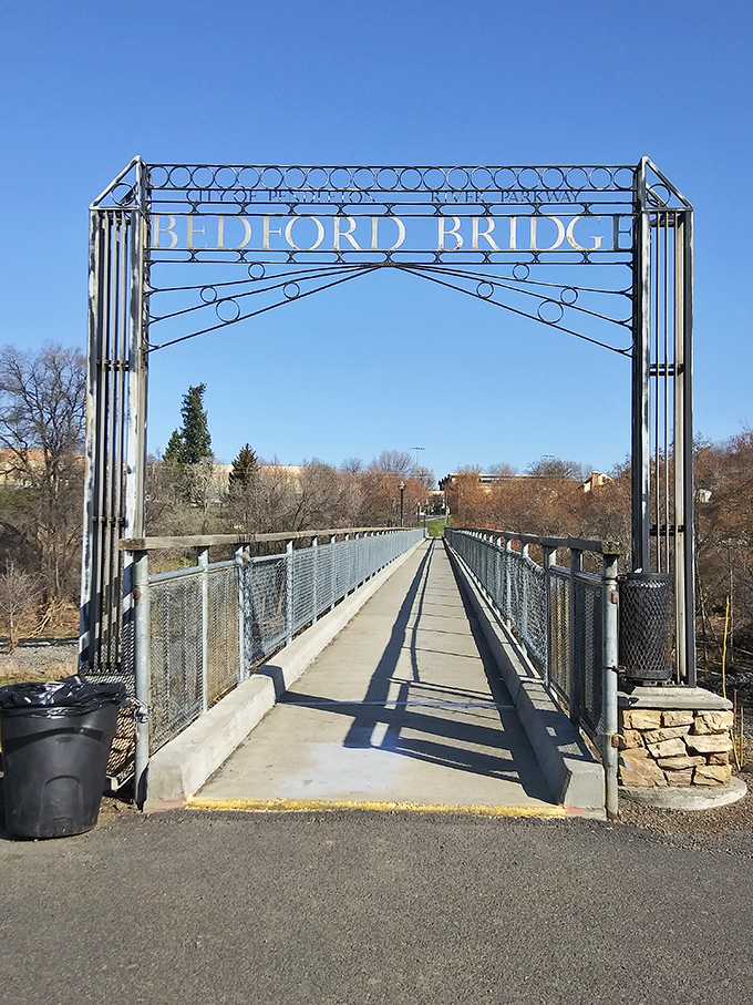 Bedford Bridge invites pedestrians to cross the Umatilla River in style. This elegant walkway connects Pendleton's past with its present.