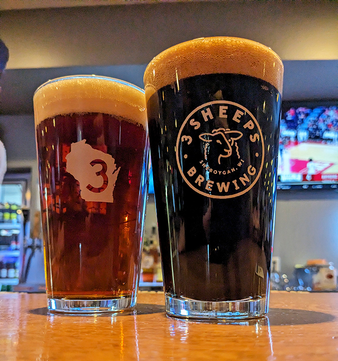 Wisconsin in two glasses: local craft brews with personality as big as their flavor, including 3 Sheeps from Sheboygan &ndash; liquid state pride.