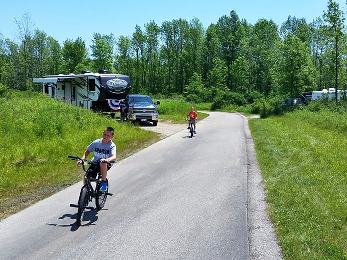 Cycling through campground roads offers freedom and fresh air in equal measure. Childhood joy on wheels, no matter your age.