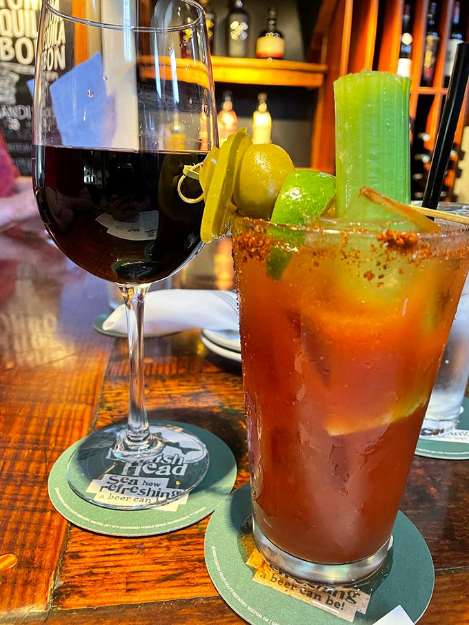 The perfect coastal pairing &ndash; a spicy Bloody Mary that doesn't skimp on garnish alongside a glass of rich red wine.