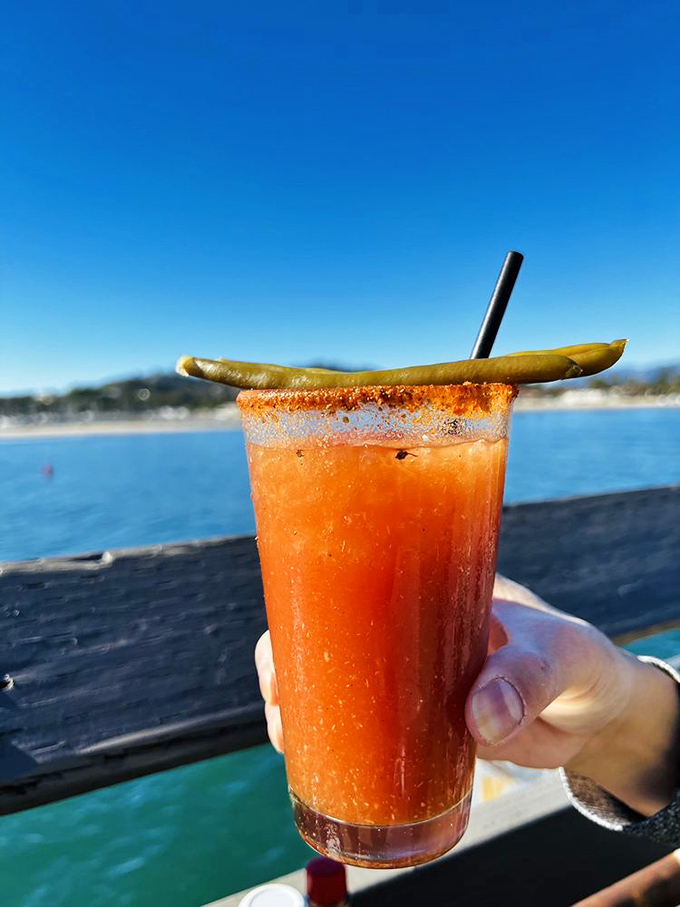 Bloody Mary with a view that makes every sip taste like vacation, complete with pickle garnish perfection.