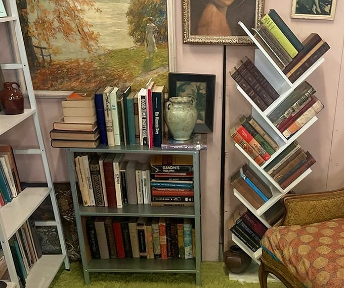 Books arranged with care, waiting for new homes. That slanted shelf design is practically architectural poetry for literary treasures.