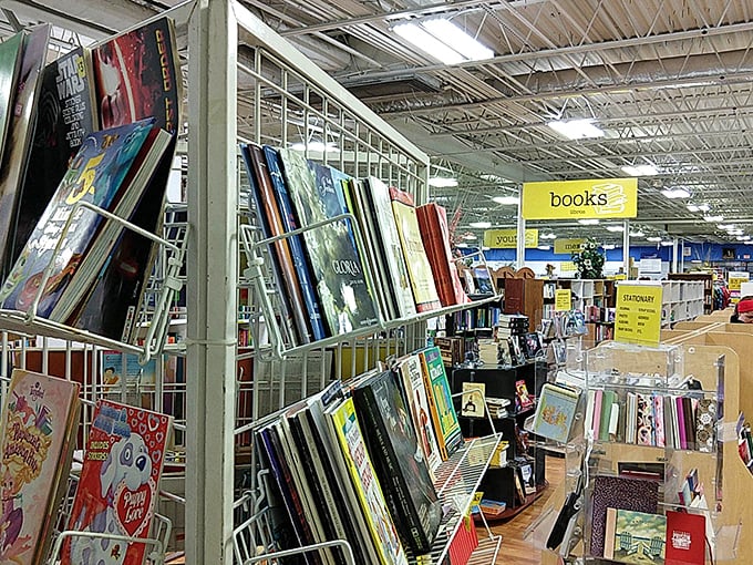 Books stand at attention, spines out, like soldiers of knowledge ready to march into your home library for pennies on the dollar.