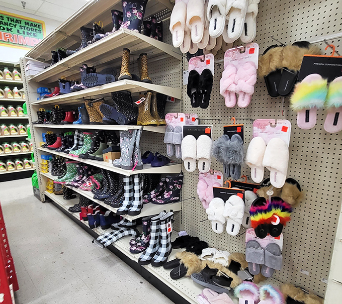 Footwear fantasyland where fuzzy slippers and practical boots coexist in budget-friendly harmony. Your feet and wallet will thank you.