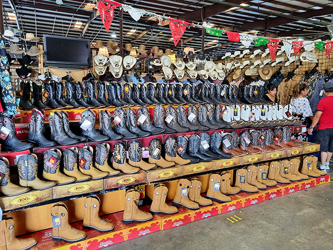 Boot heaven stretches before you&mdash;enough leather and stitching to make a cowboy weep with joy or a fashionista reach for her wallet.