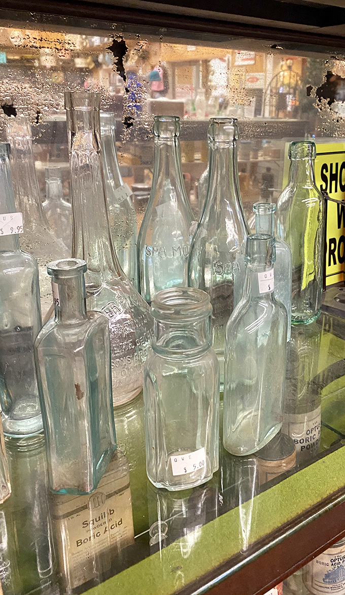 Clear vessels with cloudy histories. These vintage bottles once contained everything from medicine to soda, each with stories as transparent as their glass.