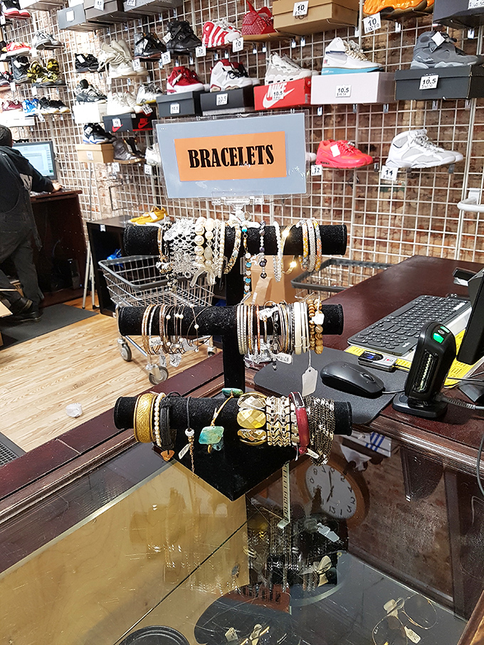 Bracelets shimmer behind glass like captured starlight, waiting to add sparkle to someone's everyday ensemble magic.