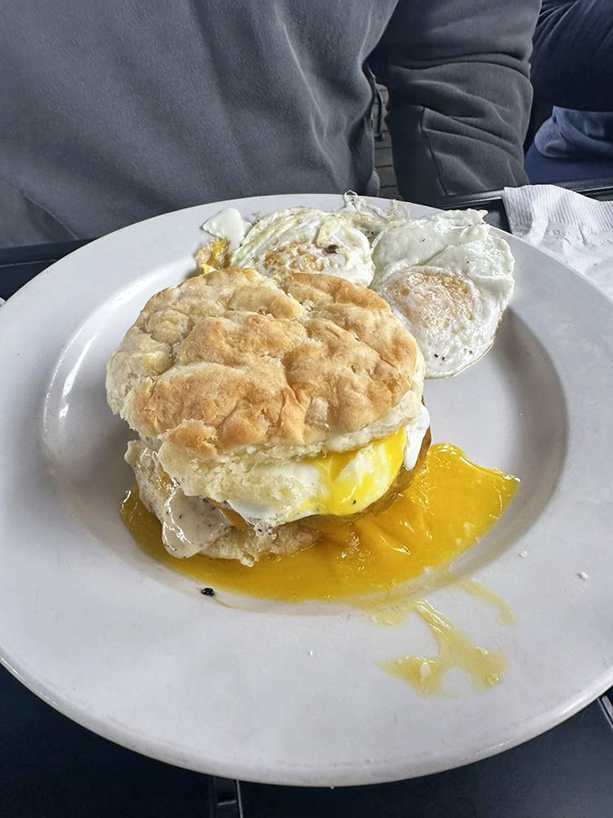 A breakfast sandwich that understands the importance of proper yolk-to-biscuit ratio, with an egg that's ready for its close-up.