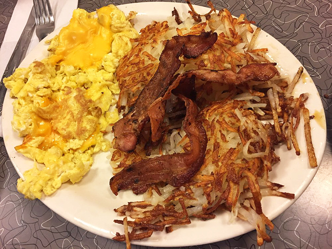 Breakfast that doesn't care what time your watch says. Crispy bacon, fluffy eggs, and hash browns that deserve their own fan club.