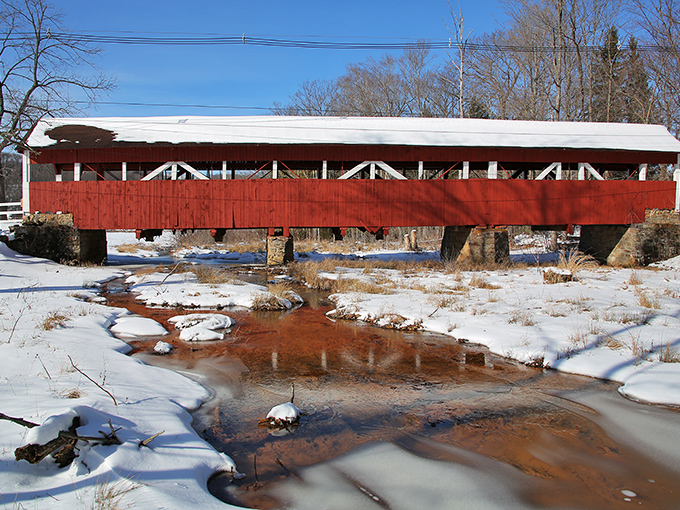 Winter transforms the Trostletown Bridge into a scene worthy of the best holiday cards. Snow-dusted banks and icy creek create a magical seasonal portrait.