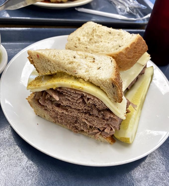 Brisket on rye that doesn't need fancy garnishes to impress&mdash;just honest-to-goodness meat stacked high enough to make your jaw unhinge in anticipation.