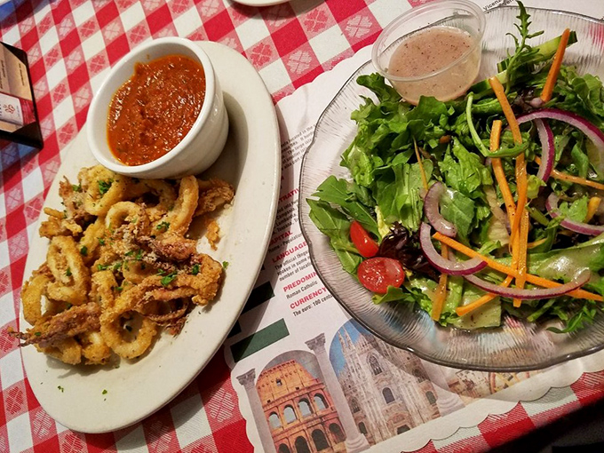 Crispy calamari that doesn't need a passport to transport you to a seaside Italian village, paired with a salad that keeps things honest.