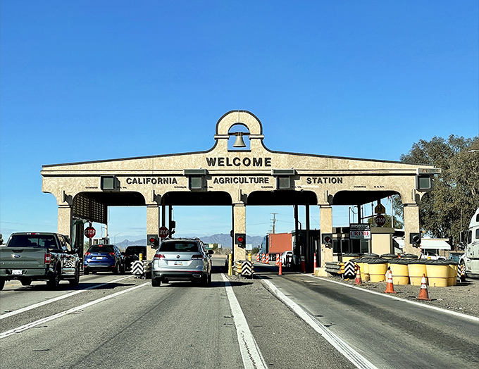 The California Agricultural Inspection Station marks Blythe's position as a gateway to the Golden State, where even fruit must show proper ID.