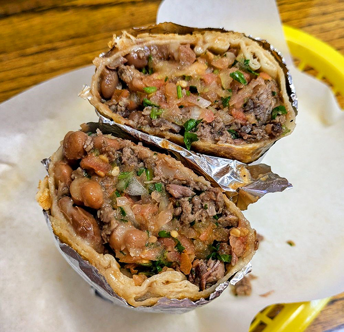 Cross-section of happiness. No rice filler here&mdash;just the harmony of beans, meat, and fresh ingredients in perfect proportion.