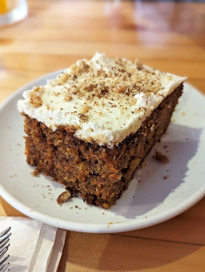 Carrot cake that makes you question why anyone would ever eat carrots any other way. That cream cheese frosting deserves its own fan club.