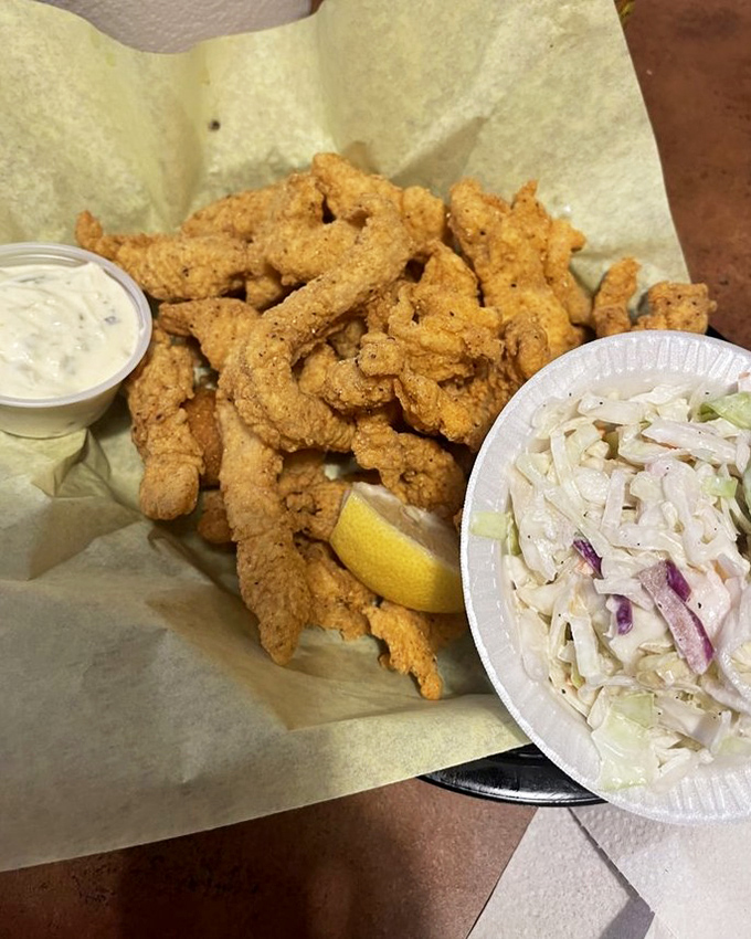 Catfish strips nestled in paper like precious cargo. The coleslaw provides the perfect cool, creamy counterpoint to that hot, crispy cornmeal coating.